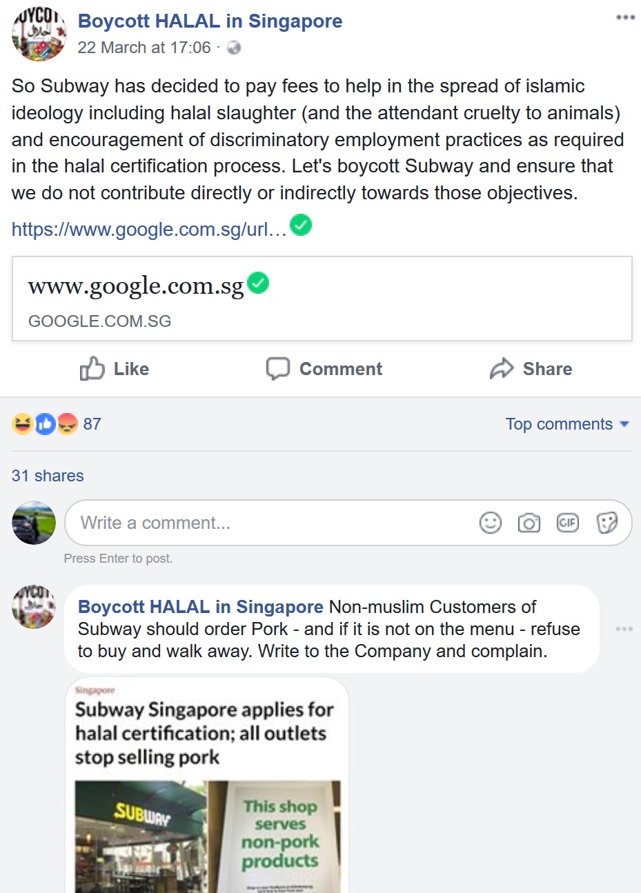 Facebook Page Calls for Boycott of Halal Food in Singapore